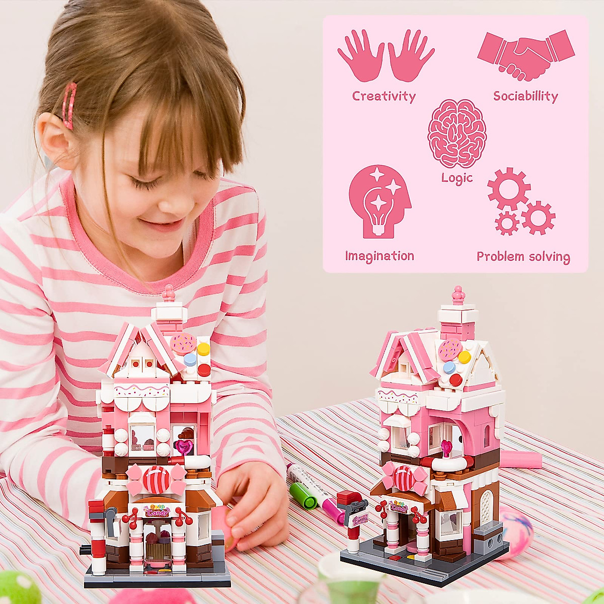 ANGFJ Girls Building Blocks Toys Candy House Building Kit Toys for Girls Street View Pink Bricks Toys Construction Play Set for Kids Best Gifts for Girls Age 6-12 and Up (319 Piece)