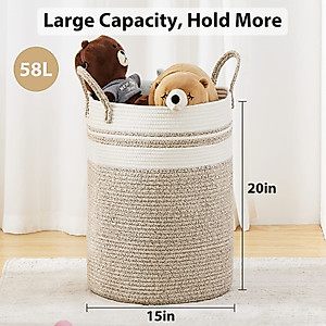 Fiona's magic Large Laundry Hamper, Tall Woven Storage Basket for Blankets, Cotton Baby Nursery Hamper, Toys and Dirty Clothes in Bedroom and Living Room Organizing - 58L Brown & White