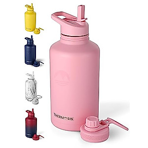 THERMOSIS 64 Oz Water Bottle With Straw, Half Gallon Water Bottle Thermos With Wide Mouth Opening and 2Lids. Includes Sports Water Bottle Holder With Strap (1/2 Gallon Water Jug) - Pink Water Bottle
