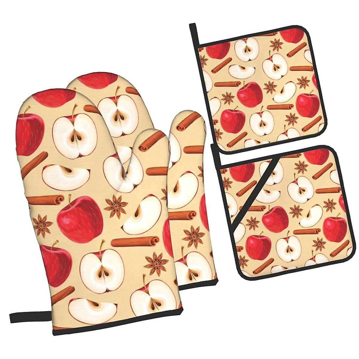 ZHRYMIFE Red Apple Oven Mitts and Pot Holders Sets Kitchen Hot Pad Non-Slip Heat Resistant Waterproof Baking BBQ Cooking Gloves(4 Piece), Black, One Size
