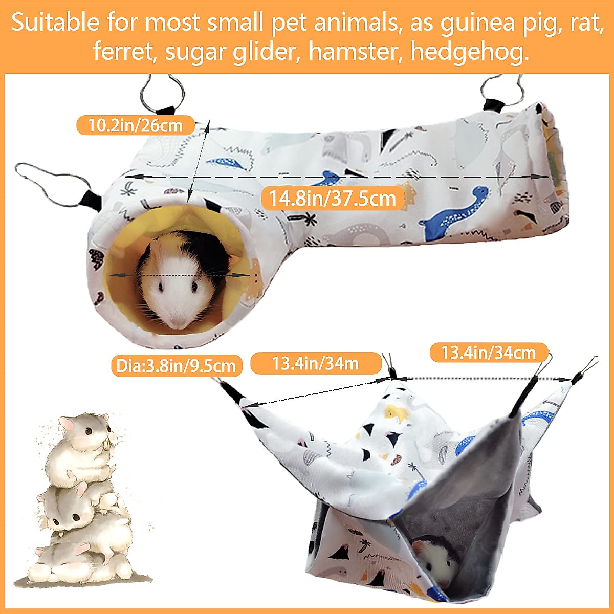 Guinea Pig Rat Corner Tunnel & Tubes Bunkbed Hammock, Guinea Pig Hideout for Small Pet Hedgehog Piggy Hamster Hide(1. Hammock&Tunnel-Dinosaur)