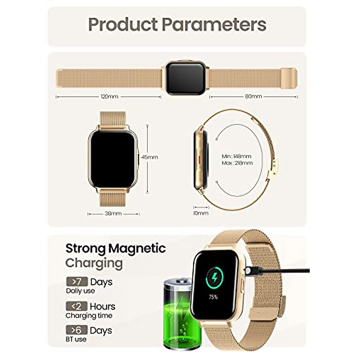 Smart Watches for Women (Answer/Make Call), Bluetooth Smartwatch for Android Phones and iPhone, Waterproof Fitness Tracker with Text, Heart Rate, Blood Oxygen, Sleep Monitor (Gold)