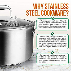 NutriChef 5 QT Stainless Steel Stew Pot - Triply Kitchenware Stew Pot with Glass Lid - DAKIN Etching Non-Stick Coating, Scratch-resistant Raised-up Honeycomb Fire Textured Pattern - NutriChef NC3PCAS