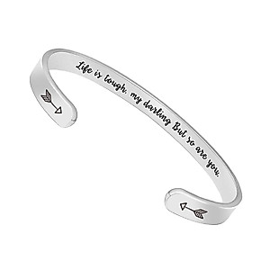 Btysun Inspirational Bracelets for Women Birthday Gifts for Her Motivational Cuff Bangle Silver Couple Bracelet Friend Friendship Mantra Quotes Jewelry(Life is Tough,My Darling ...)