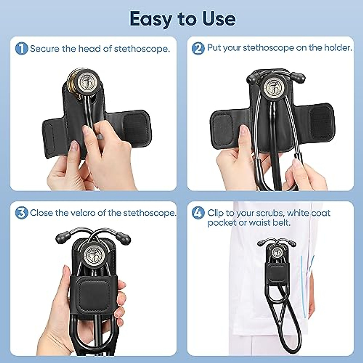 SKYREH Bundle: Stethoscope Holder Clip, Microfiber Velcro PU Leather Stethoscope Hip Holder + Magnetic PU Leather Stethoscope Hip Holder for 3M Littmann Classic III, 3M Littmann Cardiology IV