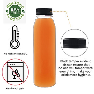 BPFY 30 Pack 12 oz Empty Plastic Juice Bottles with Caps Reusable Clear Beverage Containers with Black Tamper Evident Lids, Brush, Funnel for Juice, Milk, Water, Coffee