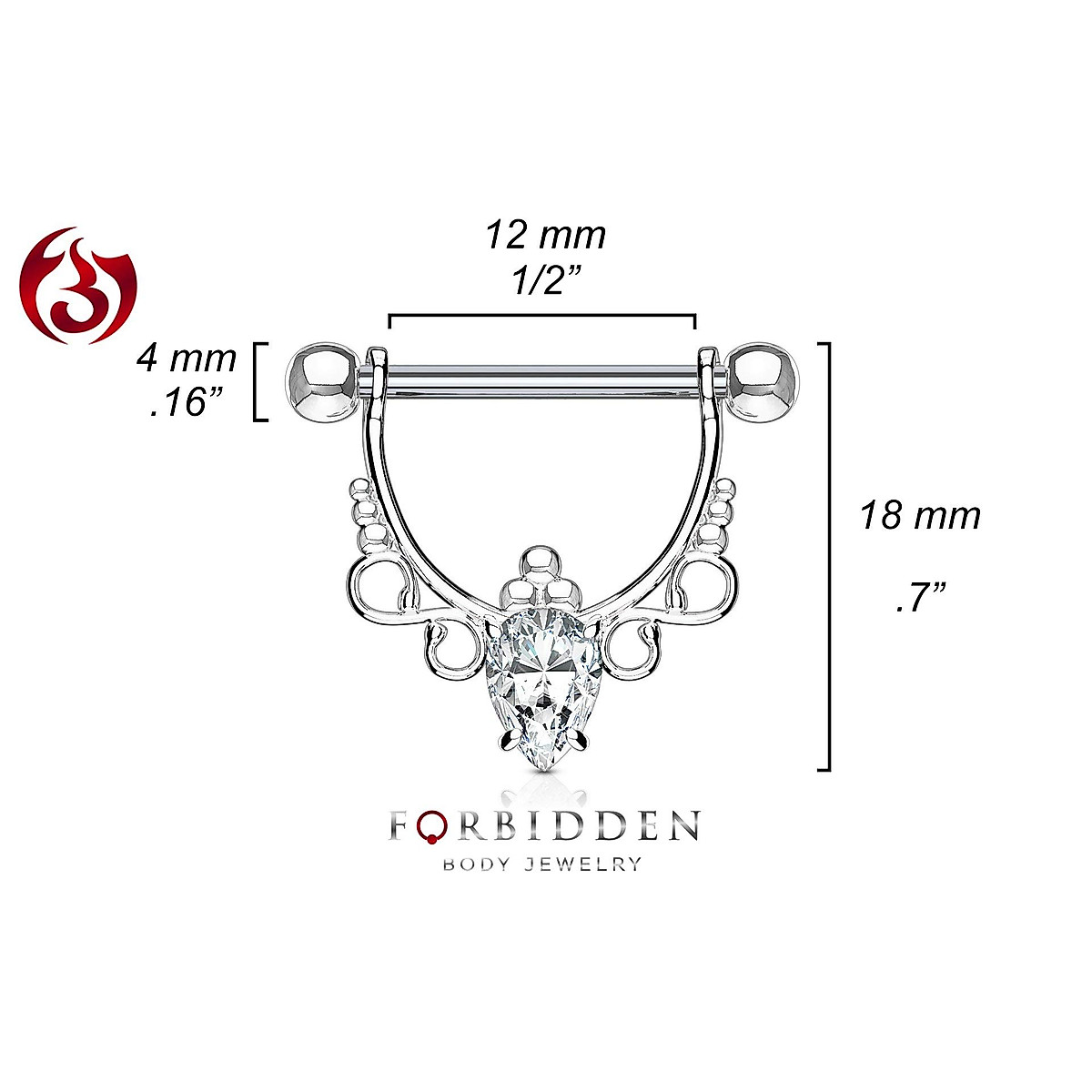 Forbidden Body Jewelry Pair of Surgical Steel 1/2 Inch D-Ring Style Fancy CZ Chandelier Dangle Nipple Barbells, Silver Tone