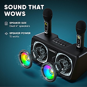 MASINGO Karaoke Machine for Adults and Kids with 2 Wireless Microphones, Portable Bluetooth Singing Speaker, Colorful LED Lights, PA System, Lyrics Display Phone Holder, and TV Cable. Presto G2 Black