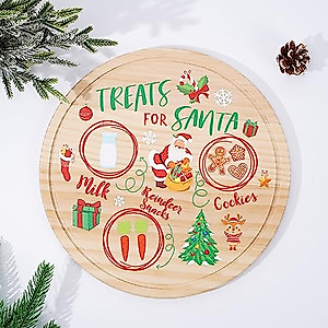 AnyDesign Santa Cookie Plate Round Christmas Wooden Santa Treat Plate Xmas Eve Santa Treat Board Cute Plate Platter Mat Wooden Tray Plate for Christmas Decoration Supplies
