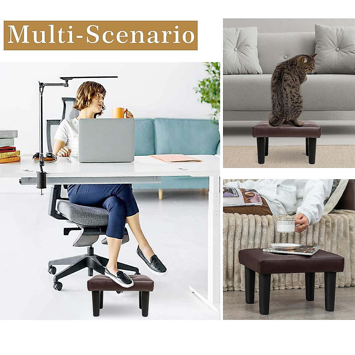 CAROLMADE 15” Ottoman Foot Rest, PVC Small Ottoman Foot Stool with Legs Modern Footstool Ottomans for Living Room Entryway Office, Brown