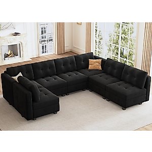 HONBAY Modular Sectional Sofa Oversized U Shaped Couch with Storage Seat Velvet 7-Seat Modular Sofa with Reversible Chaises,Velvet Black