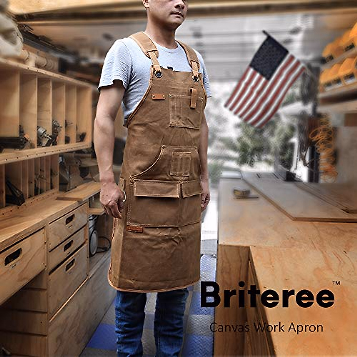 Briteree Woodworking Aprons for Men, Gift for Men, with 9 Tool Pockets, Durable Waxed Canvas, Gifts for Him