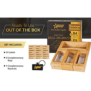 DNH Stars Bamboo Ziplock Bag Storage Organizer - 4 Box Wooden Containers for Snack, Sandwich, Quart & Gallon Size Zip Lock Bags - Fits In Kitchen Drawer, Cabinet - Ready to Use Labels & Bags