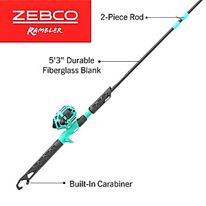 Zebco Kids Rambler Spincast Reel and Fishing Rod Combo, 5-Foot 3-Inch 2-Piece Fishing Pole, Size 30 Reel, Changeable Right- or Left-Hand Retrieve, Pre-Spooled with 8-Pound Zebco Cajun Line