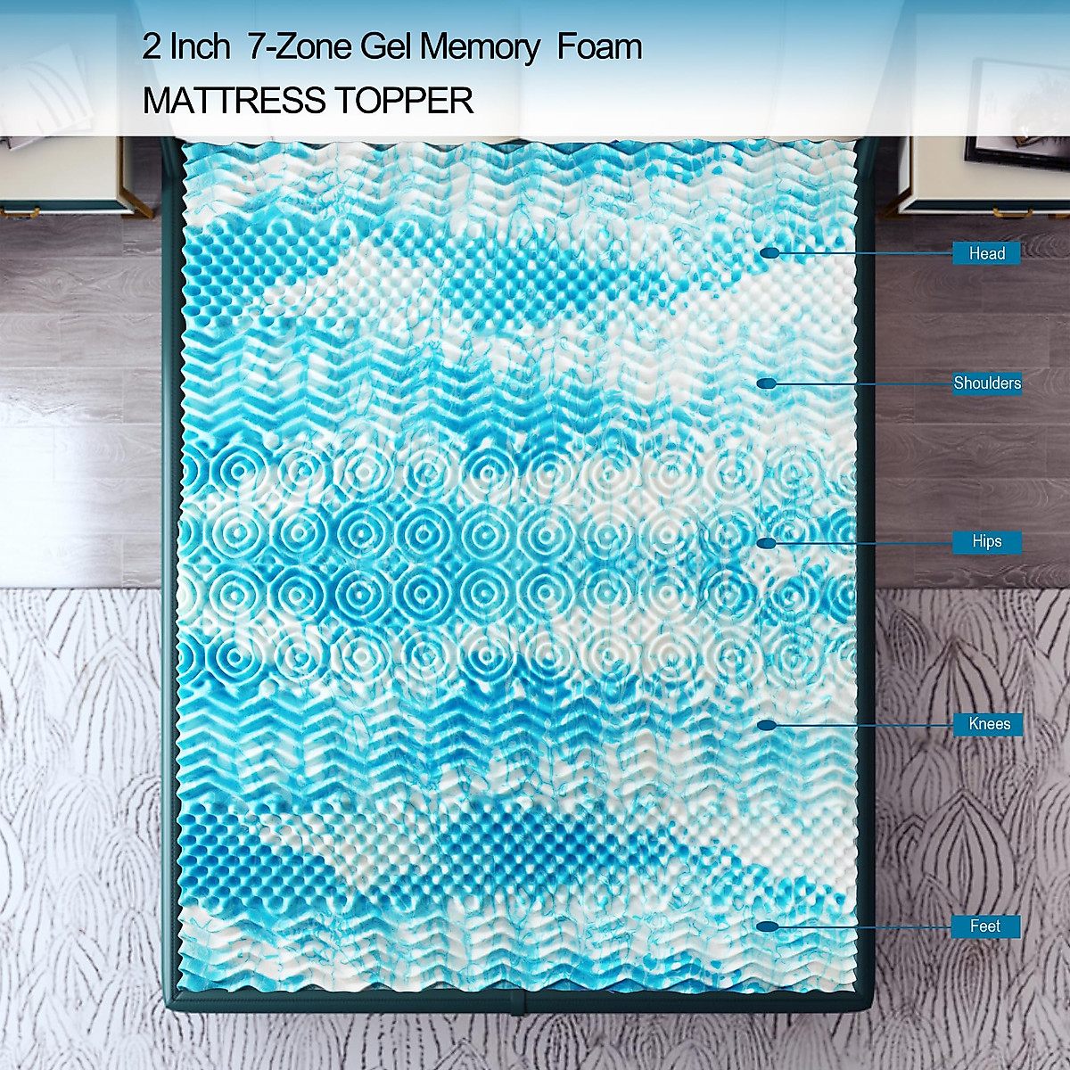 Askme 2 Inch 7-Zone Queen Memory Foam Mattress Topper, Cooling Gel Foam Mattress Topper for Pressure Relief,Bed Topper in a Box CertiPUR-US Certified, Queen Size