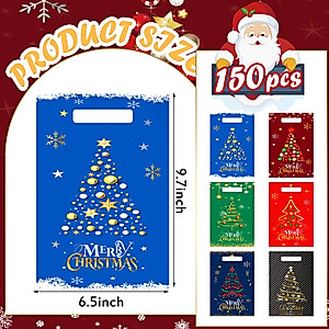 Hotop 150 Pcs Christmas Treat Bags Christmas Tree Goodies Bags Bulk Plastic Candy Treat Snacks Bags with Handles for Holiday Cookie Goody Gift Merry Christmas Party Favor Supplies, 6 Styles