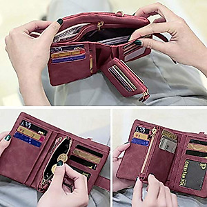 Womens Small Bifold Leather Wallets Rfid Ladies Wristlet with Card slots id window Zipper Coin Purse (Purple)