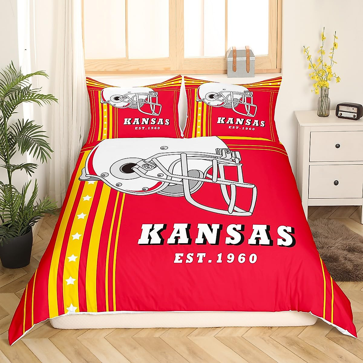 Erosebridal American Football City Duvet Cover Football Sports Game Full Bedding Set with 2 Pillowcases, American Football Helmet Comforter Cover Teen Boys Football Bedroom Decor, Yellow Red (Kansas)