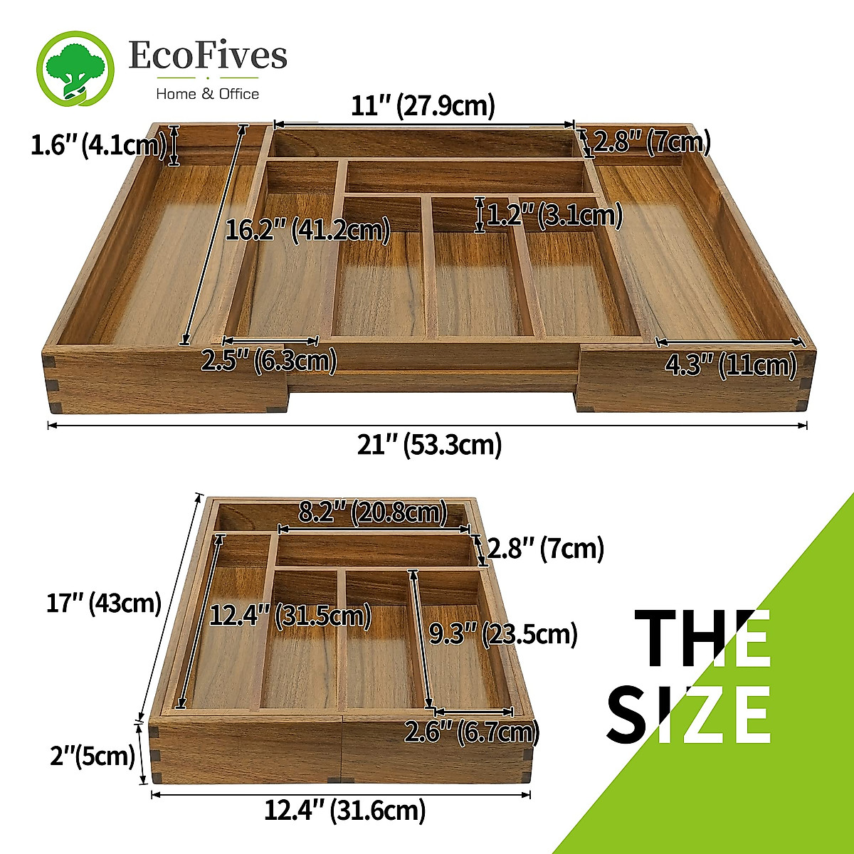 EcoFives Acacia Kitchen Drawer Organizer Expandable 8 Slots + Acacia Silverware Organizer Adjustable 5 Slots