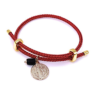 LESLIE BOULES 18K Gold Plated Saint Benedict Medal Red String Bracelet Charm Genuine Jetstone