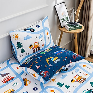 Holawakaka Trucks Tractors Cars Boy Bedding Comforter Set with Sheets, Full Size Cartoon Construction Car Excavator Print Kids Bed in A Bag 5-Piece, Boys Reversible Dorm Bed Sets (Navy Blue Full)