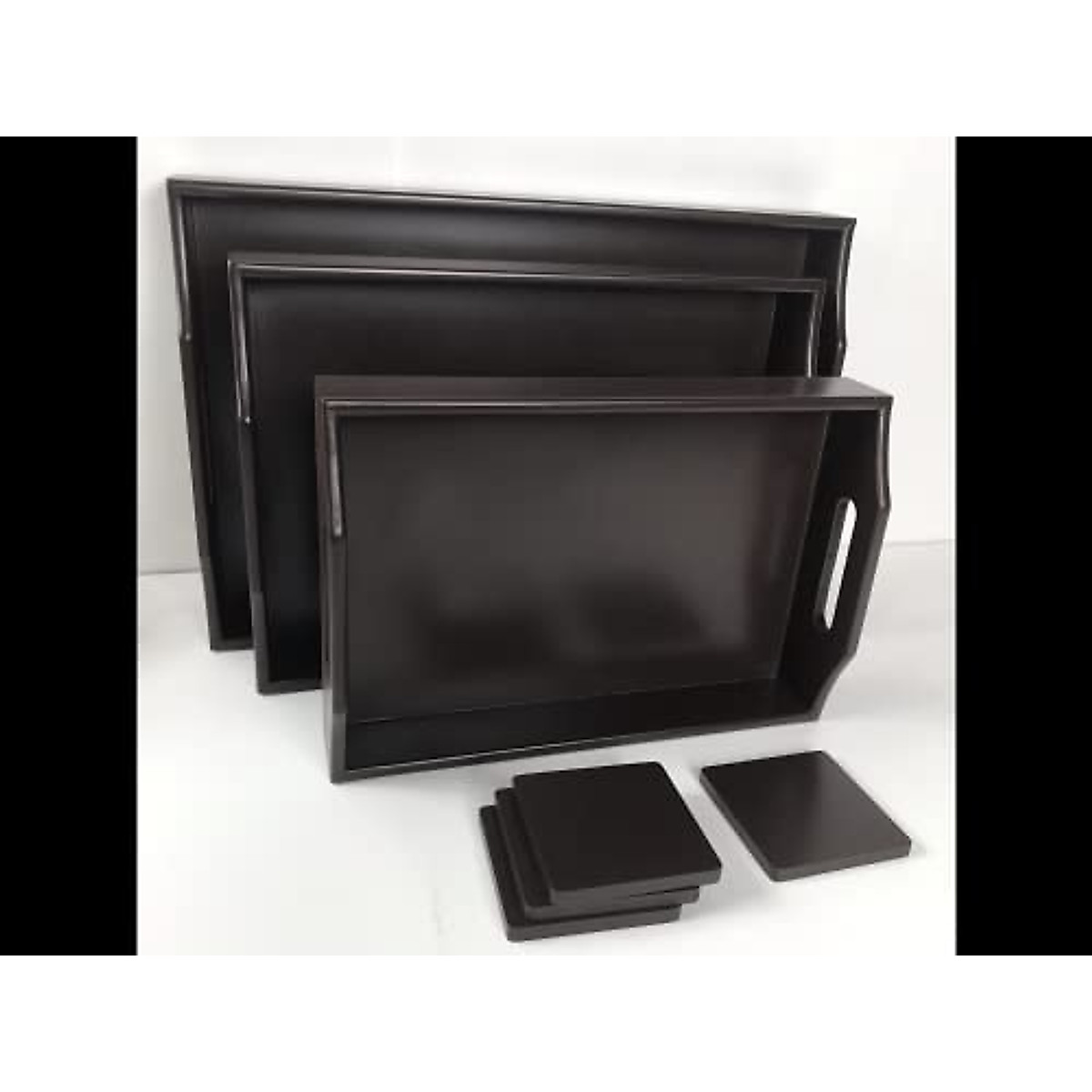 XL Wood Serving Tray Nested Set Of 3 w/4 Wood Coasters Wooden Coffee Table Food Eating on Bed Ottoman Tray Living Room Trays Decorative Storage Serving Butler Smoke Herb Rolling Nightstand Cheese Tray