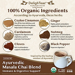 DelighTeas Organic Masala Chai Powder and Herbal Coffee Bundle - Caffeine Free, Unsweetened, Vegan, Keto, USDA Organic