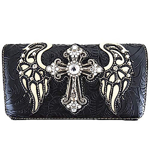 Western Style Cross Laser Cut Wings Purse Concealed Carry Handbags Women Country Shoulder Bag Wallet Set (#4 Black Set)