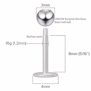 Bling Piercing 2pc 16g Cubic Zirconia CZ Bioplast Labret Flexible Lip Stud 8mm Clear BioFlex Hypoallergenic Jewelry