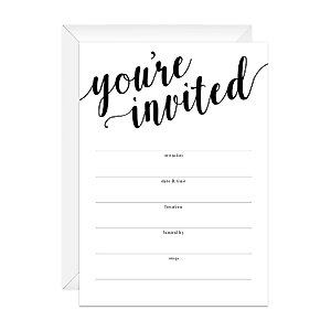 Canopy Street Black And White All Occasion Script Invitations / 25 Fill In General Use Invites / 5" x 7" Flat Modern Shower Party Or Event Invitation/Made In The USA