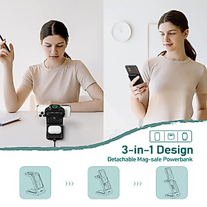 Smtcsl 3 in 1 Wireless Charging Station, Fast Charger Stand Compatible for iPhone/Apple Watch/Airpods, 5000mAh Mag-Safe Battery Pack USB C Power Bank for 15 14 13 12 Series, 20W PD Adapter (Black)