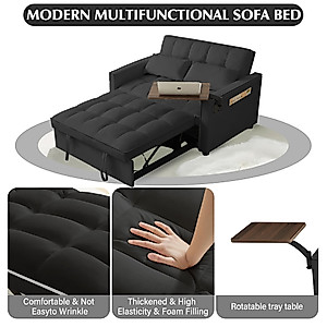 SPOWAY 3 in 1 Sleeper Sofa Couch Bed, Modern Velvet Convertible Sofa Bed with Adjustable Backrest & 2 Pillows, Hidden Side Table, Pull-Out Sofa Bed for Living Room Bedroom, Black