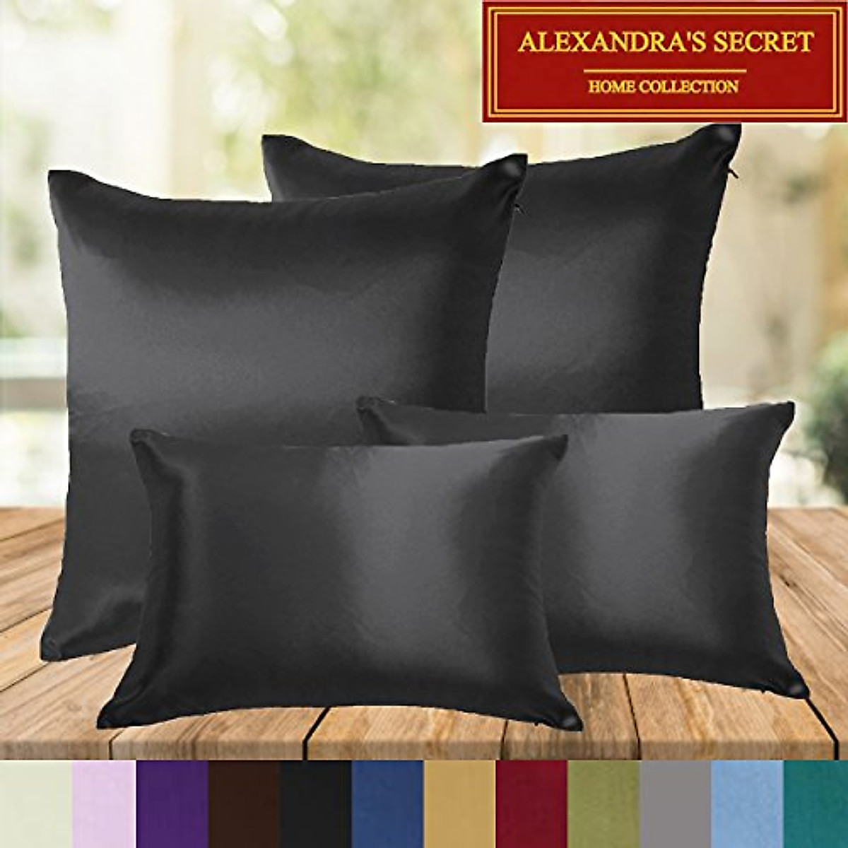 2-PCS Silky Soft Satin Solid Color Luxurious Decorative Throw Pillow Covers (Black, 12" x 20")