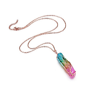 PESOENTH Life Tree Rainbow Quartz Crystal Gemstone Reiki Healing Rock Raw Stone Chakra Pendant Necklace Women Rose Gold Wire Wrap Gemstone Necklace Jewelry Gifts