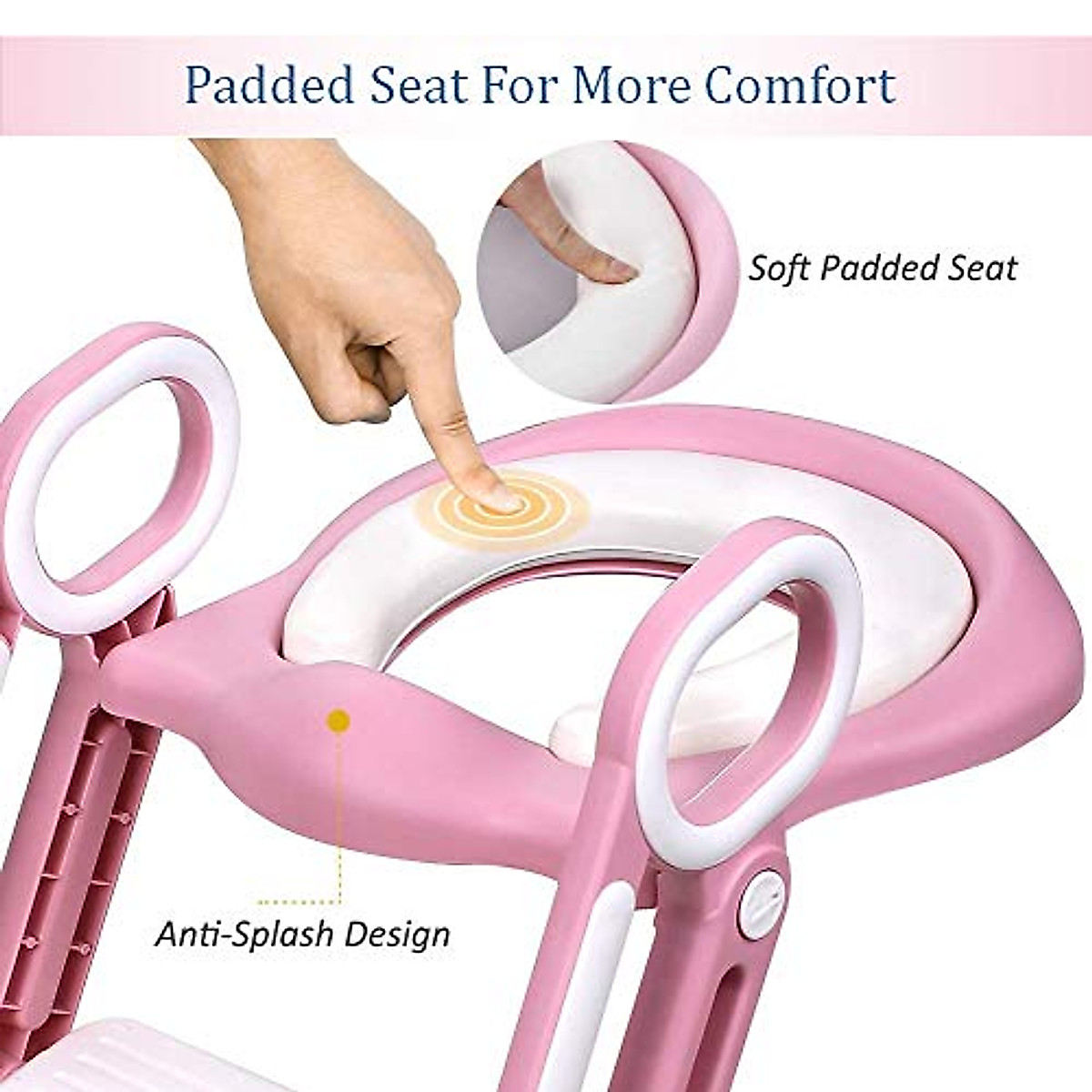 Potty Training Seat with Step Stool Ladder and Handles for Baby Toddler Kid Children Boys and Girls Toilet Training Chair with Padded Soft Cushion and Non-Slip Wide Step (Pink White)