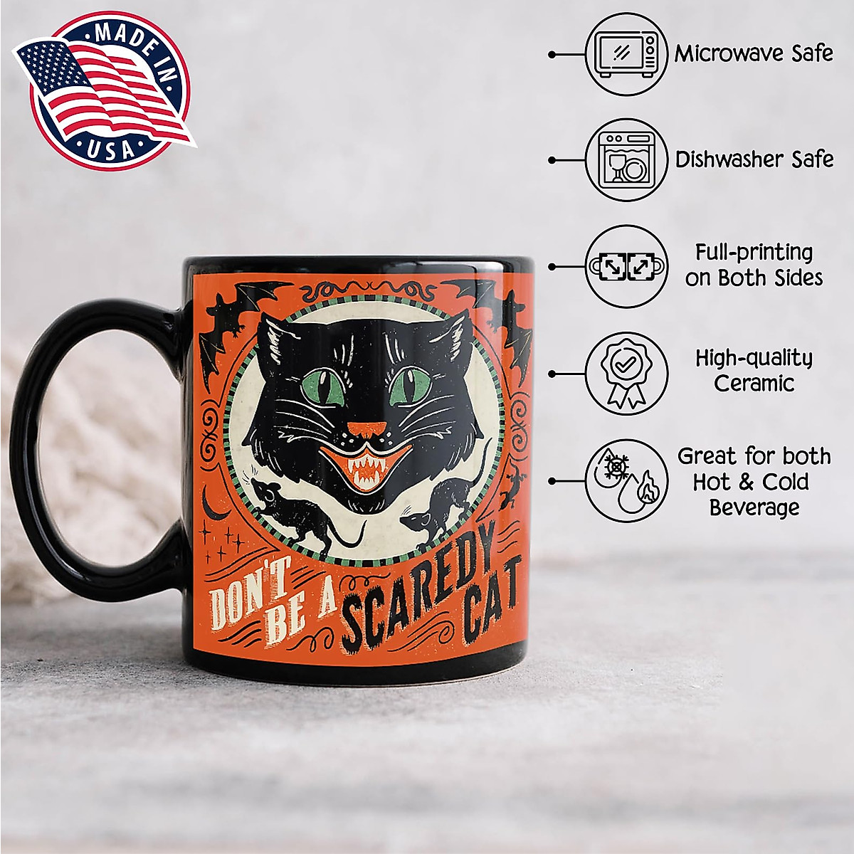 Vintage Halloween Scaredy Cat Spooky Cups - Jack o Lantern Pumpkins Halloween Coffee Mugs - Trick or Treat Retro Halloween Mug Set - Witch Gifts For Women Sister Friends (11 Oz, Black Cat)