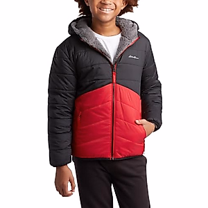 Eddie Bauer Boys' Reversible Jacket - Waterproof Lightweight Fleece Lined Hooded Puffer Coat - Boys Outerwear Jacket (5-20), Size 7-8, Chili Pepper