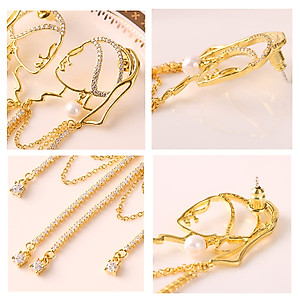 Unique abstract face Art earrings dangle statement long earrings for women rhinestone tassel handwork earrings jewelry fashion chandelier earrings (gold)