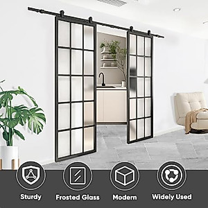 BARNSMITH 60in x 84in Double Glass Barn Door with 13FT Top Mounted Hardware Kit, 5-lite Modern Black Aluminum Tempered Frosted Glass Sliding Door, Assemble Required(2 * 30inx 84in)