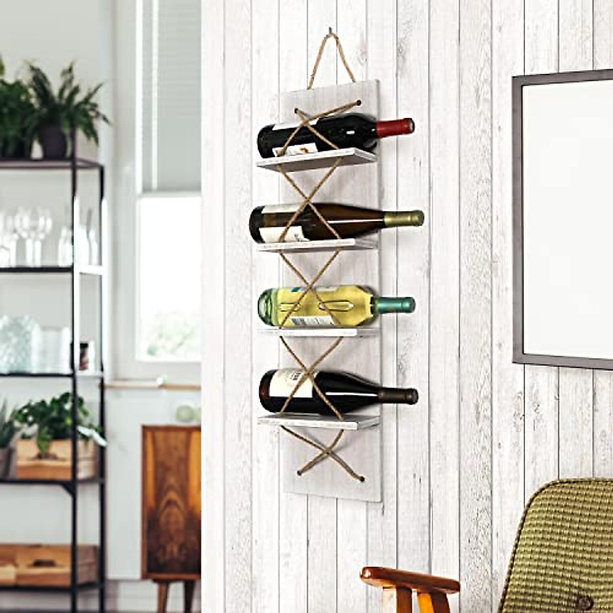 Elegant Designs HG1019-WWH Positano Nautical Rope 4 Bottle Vertical Wall Mounted Wood Wine Rack, White Wash