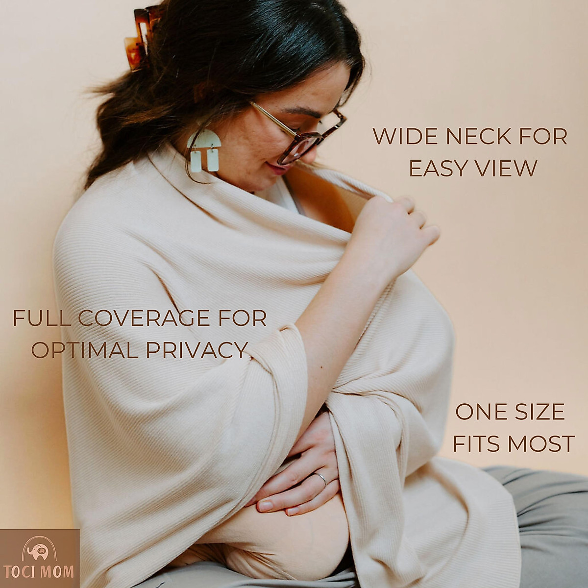 Toci Mom Nursing Cover for Breastfeeding, Full Coverage Breastfeeding Cover, Machine Washable, Breathable and Soft, Wide Neck with Stretch for Easy View, One-Size-Fits-All, Modal Knit (Cream)