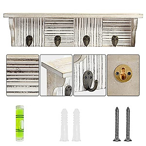 ZONECYTD Rustic 17" Small Wood Farmhouse Entryway Hat Floating Wall Shelves Mounted Shelf, Hanging Purse Bag Backpack Shelves for Wall Decor with Hooks for Kitchen Bedroom Bathroom, White