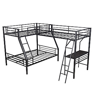 Twin Over Full Bunk Bed, L-Shaped Metal Triple Bunk Bed Frame Attached Twin Loft Bed with DeskLadderGuardrails, 3 Bed Bunk Beds for KidsTeens LF, Black