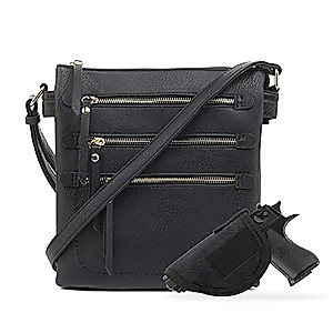 Double Compartment Multi-Zipper Triple Zip Pockets Concealed Carry Crossbody Bag with Lock and Key | Black