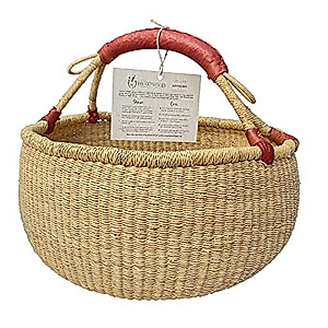 Deluxe Round Natural African Basket - Large 16" Round - by market women in Bolgatanga, Ghana with Africa Heartwood Project - GBLRN (Flat-packed)