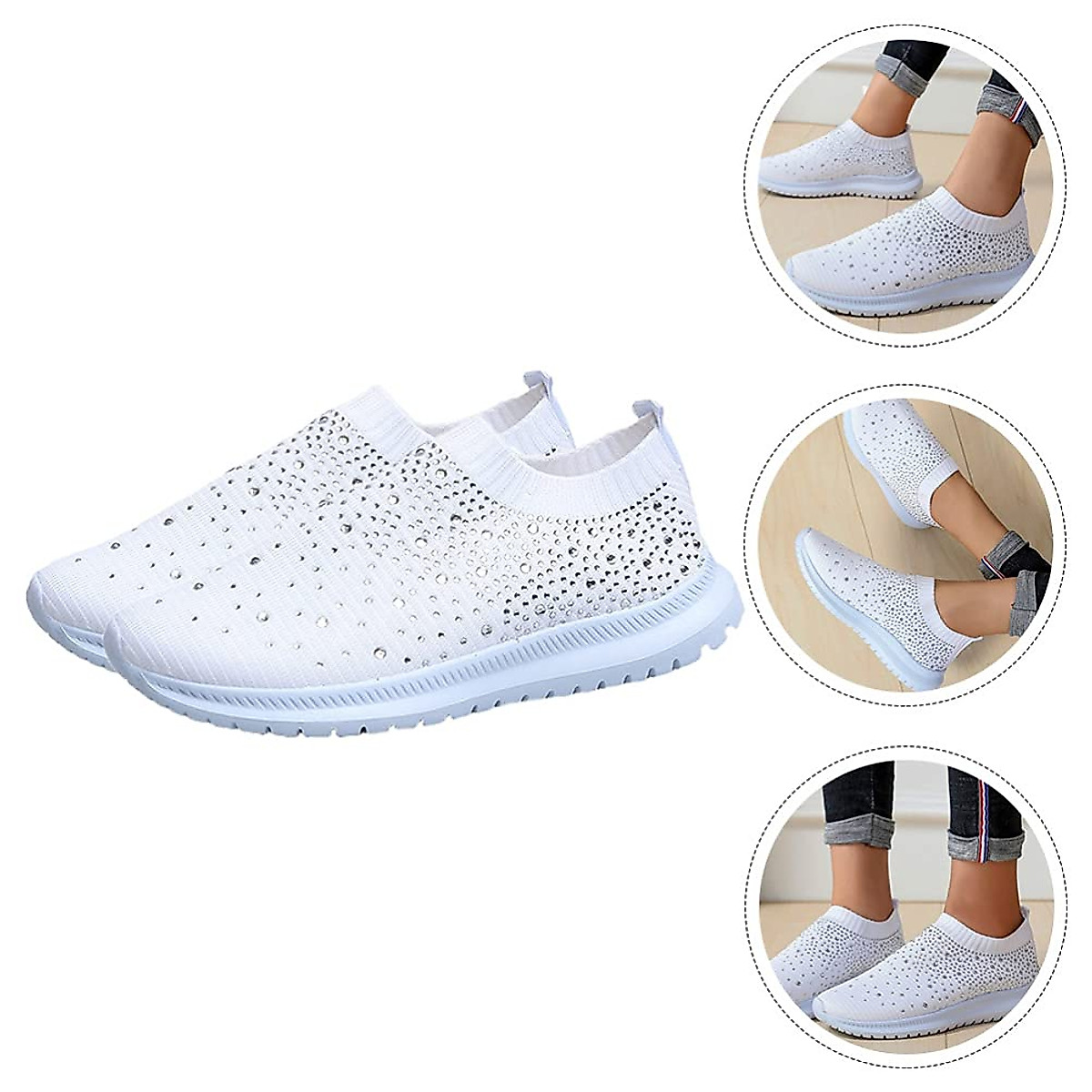 1pair Rhinestone Sneakers Miss White Sole: Rubber Simple