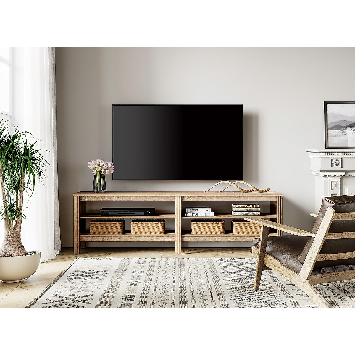 WAMPAT Farmhouse TV Stand for 75 Inch TV, Wood Entertainment Center for 70 65 55 inch TV Console Media Table with 4 Big Storage for Living Room Bedroom, Oak