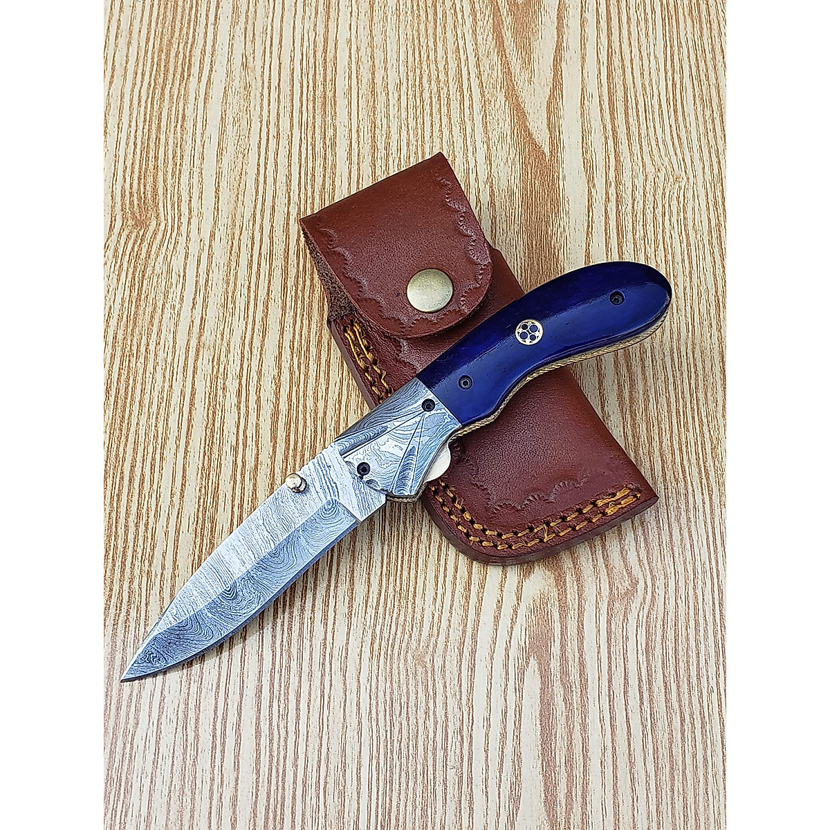 CLOUD KILT Handmade Pocket Folding Knife With Leather Sheath Premium Quality Best Hunting Gear Pocket Knives Gifts For Men (Blue Horn Bone)