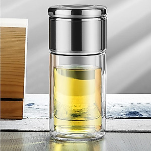 LeYin double wall glass water bottle, travel cup with filter screen, tea and water separation cup for fruit loose leaf tea and cold brewing coffee (silver)