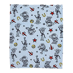 Disney Toy Story 4 Super Soft Blue, Yellow, Red Buzz Lightyear Woody Star Rocket Horse Shoe French Fiber Baby Blanket, Blue, Red, Yellow